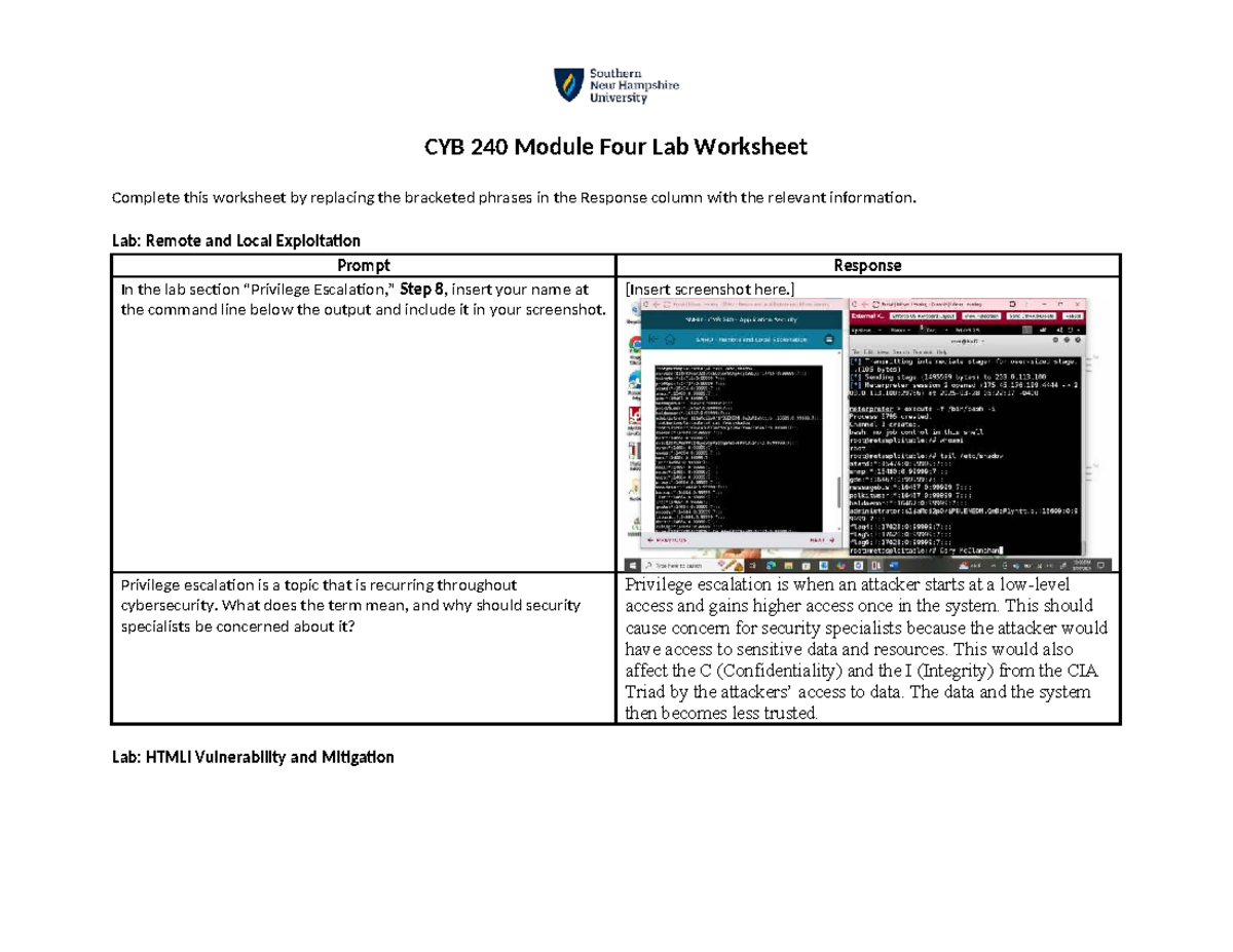 CYB 240 Mod4LAB 030436 - Completed Infosec Lab Worksheet on Exploitation - Studocu