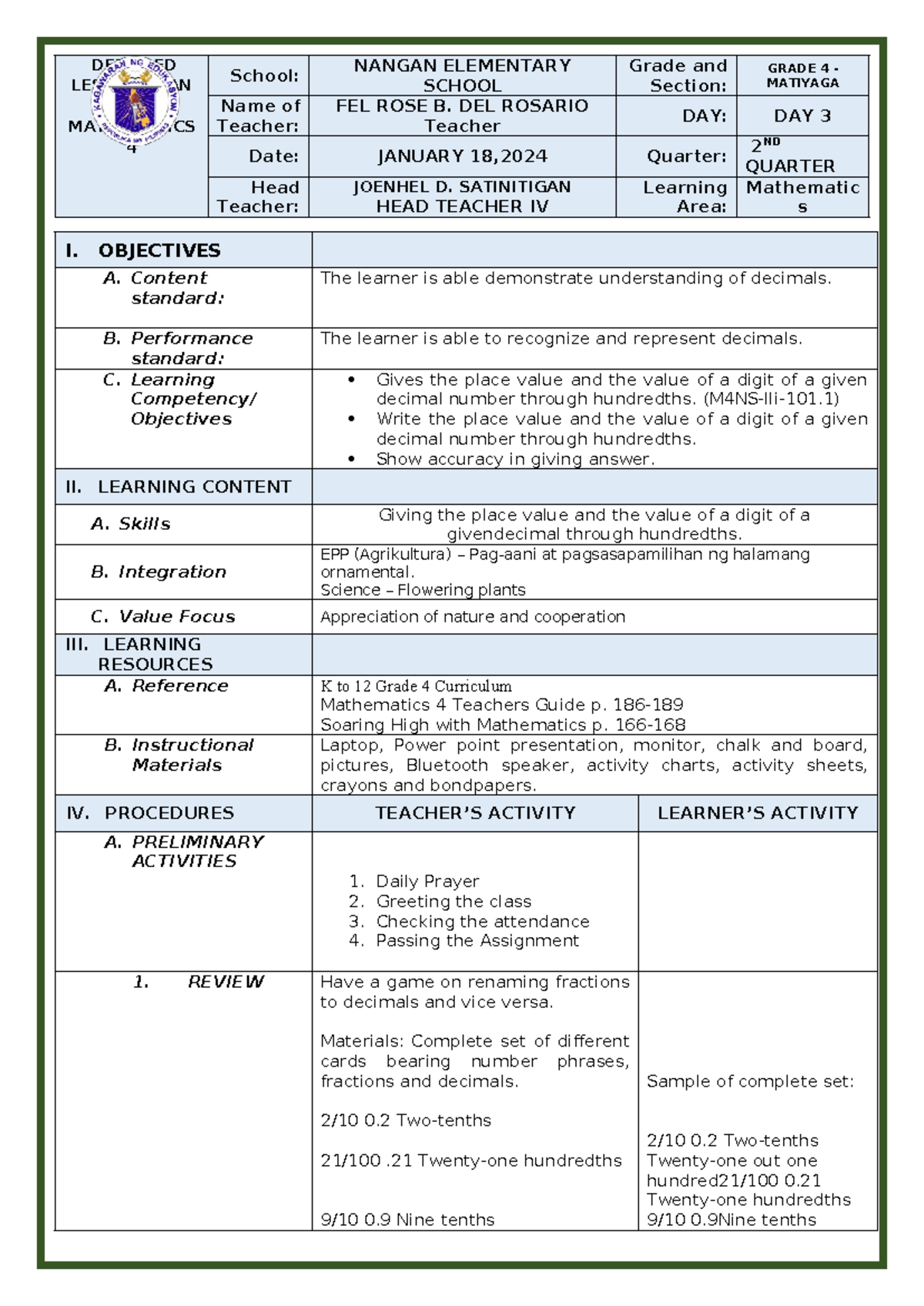 COT 1 - MATH IV Lesson Plan on Decimal Place Values for Grade 4 - Studocu