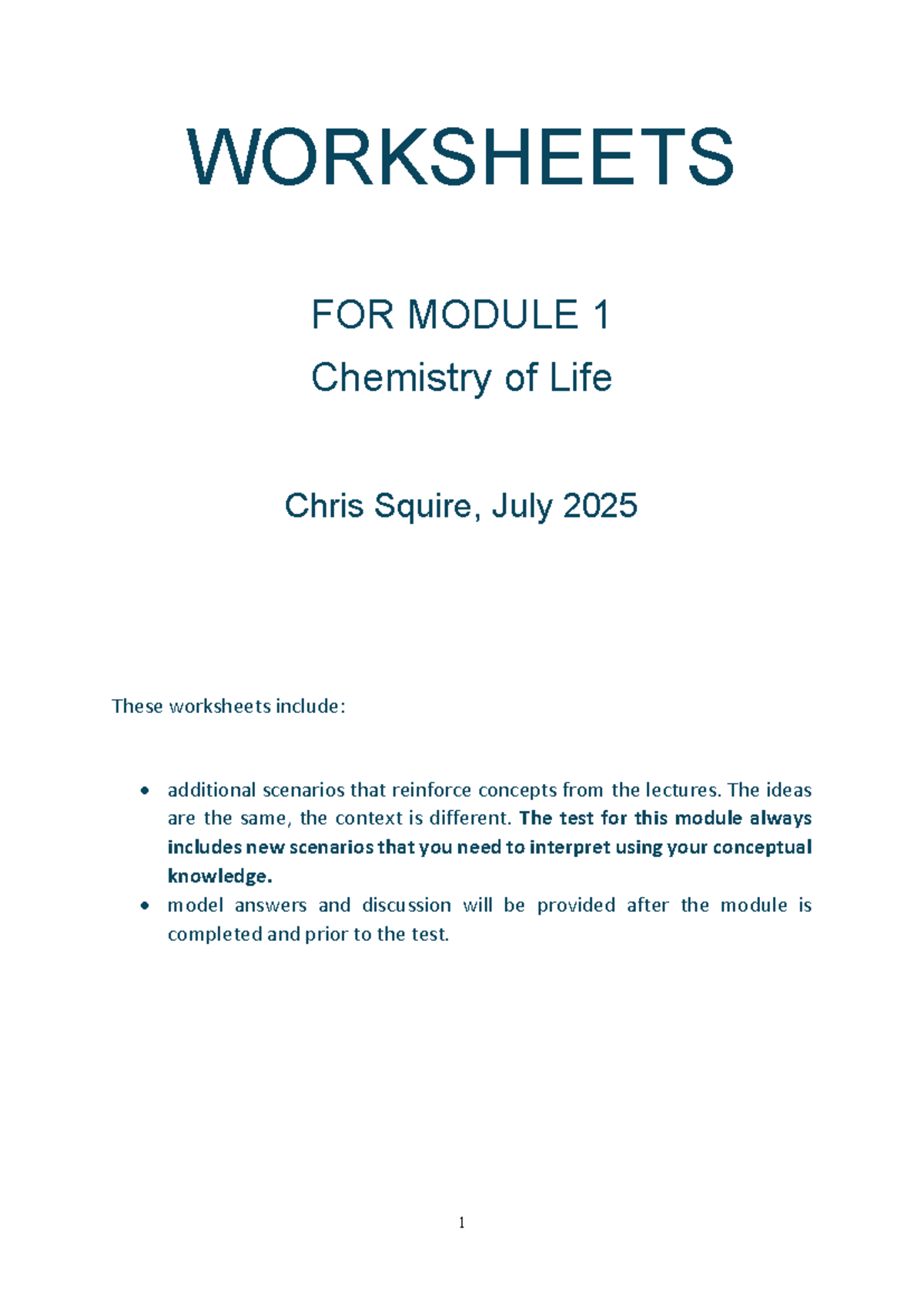 L1 & L2 Worksheets for Module 1: Chemistry of Life (2025) - Studocu