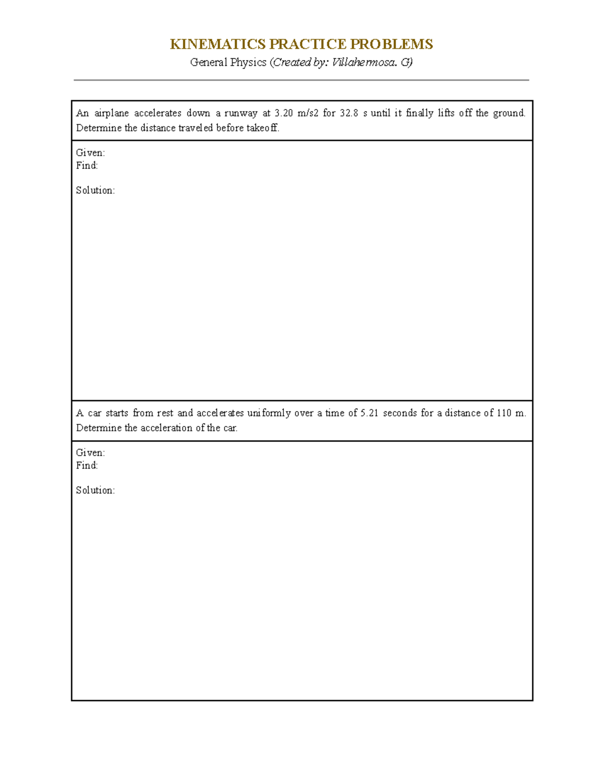 Kinematics- Practice- Problems - General Physics (Created by ...