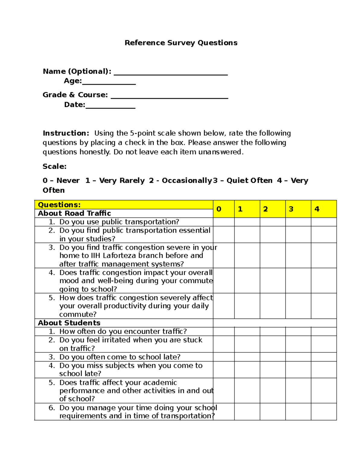 Reference Survey Questions - Please answer the following questions ...