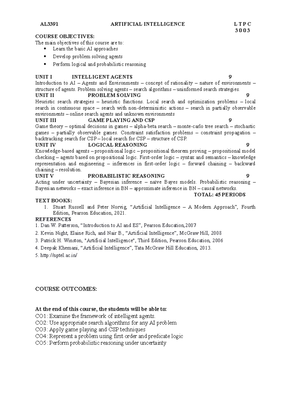 AI 2021R AI&DS Syllabus Overview and Course Objectives - Studocu