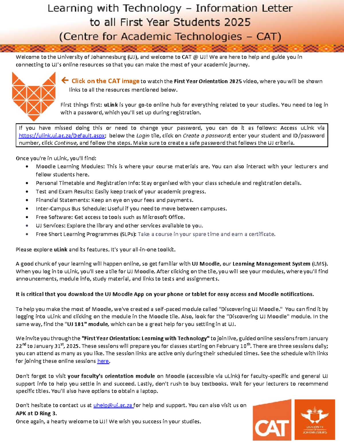 First Year UJ Orientation 2025: CAT Learning with Technology Guide ...