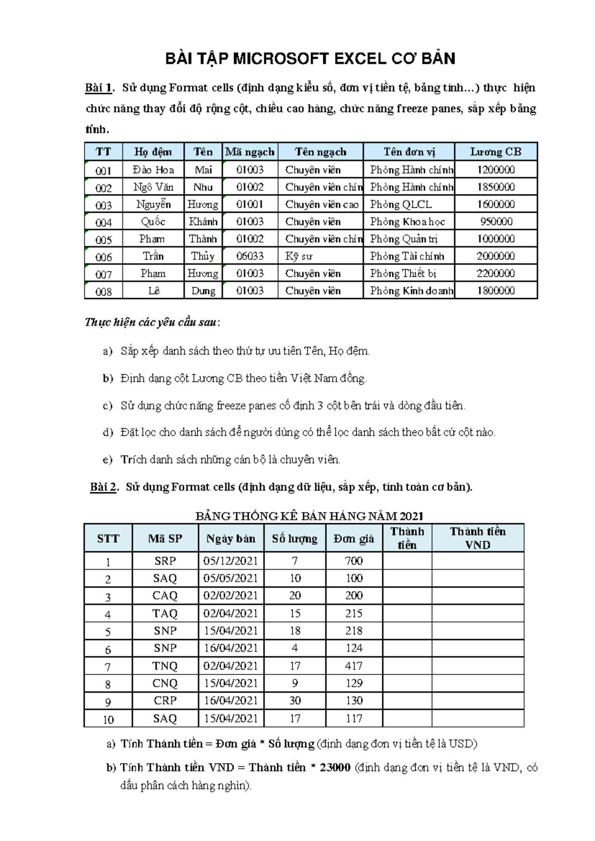 BT Excel B1 - BÀI TẬP MICROSOFT EXCEL CƠ BẢN Bài 1. Sử dụng Format ...