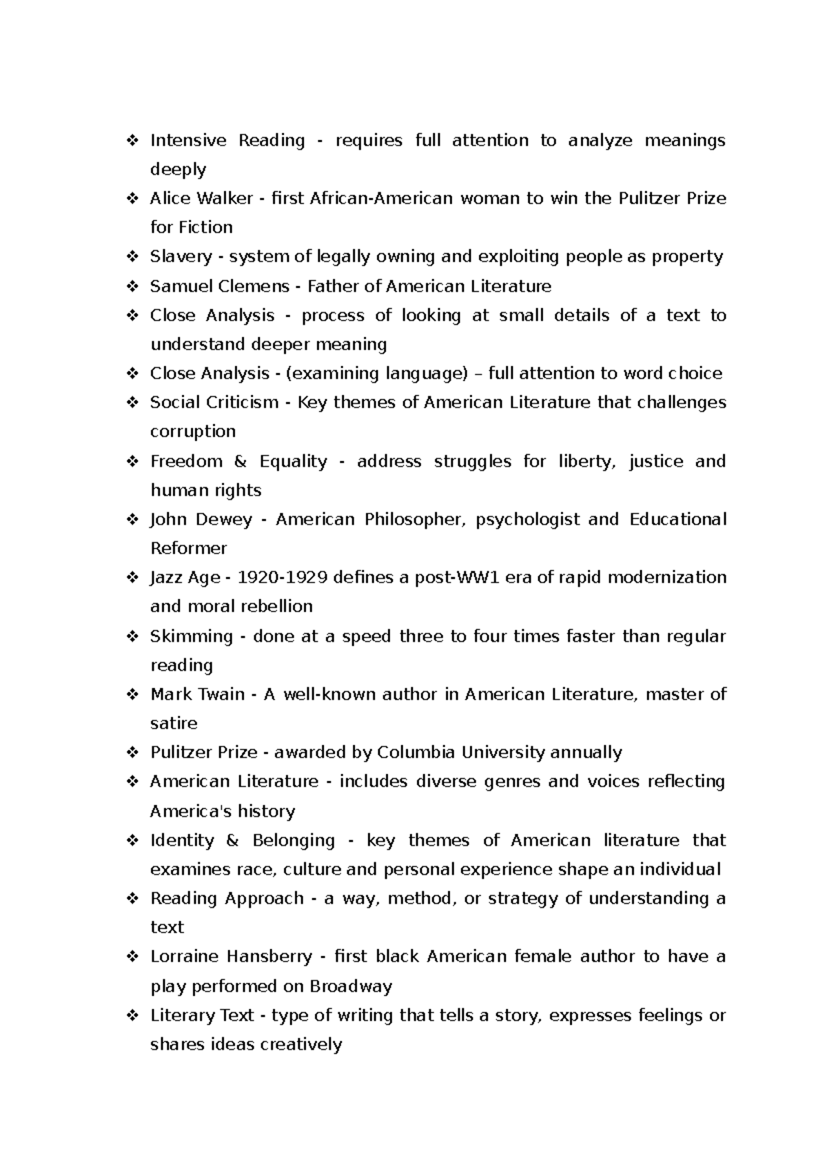 ENG 101: Intensive Reading Review Pointers for Analyzing American ...