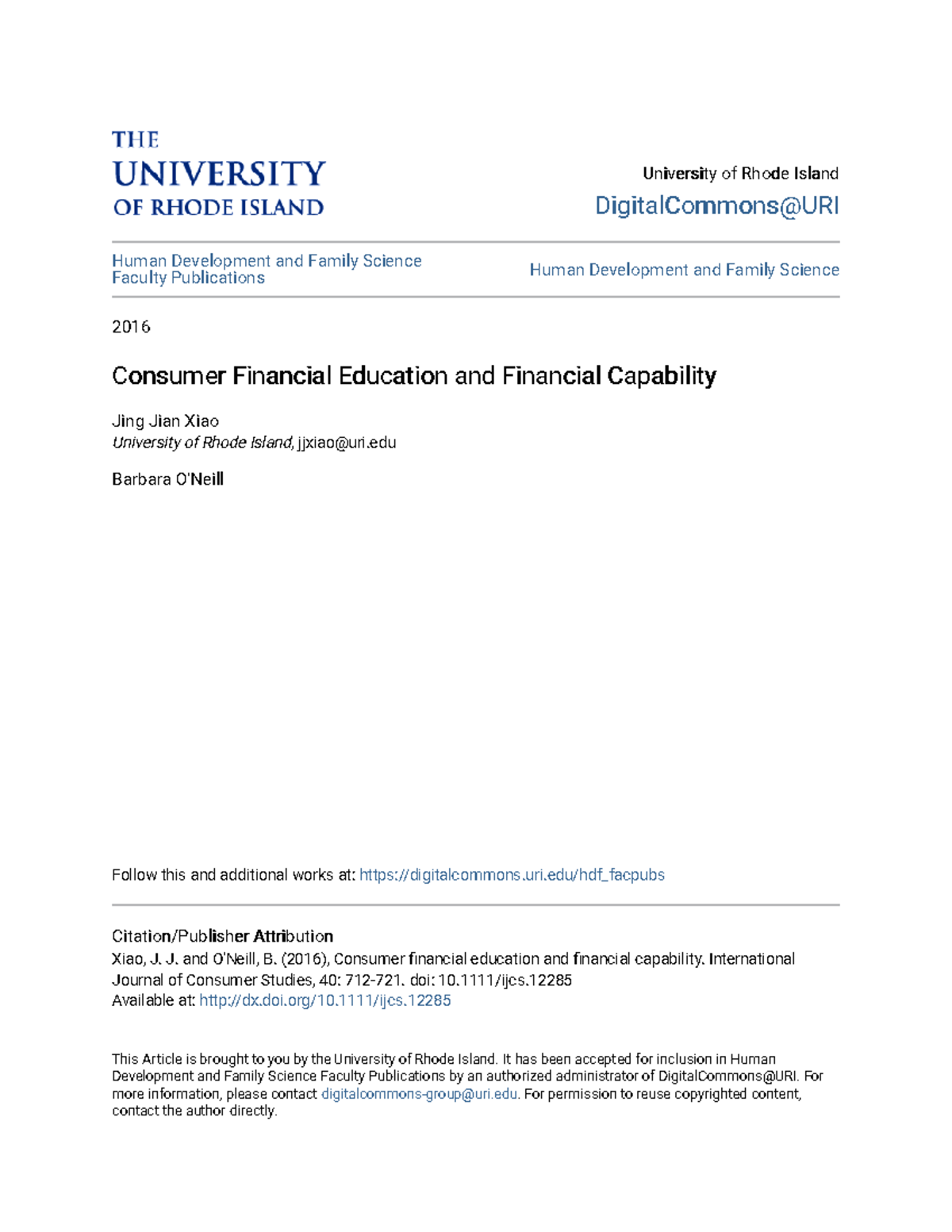 Consumer Financial Education & Capability: Insights from URI 2016 - Studocu