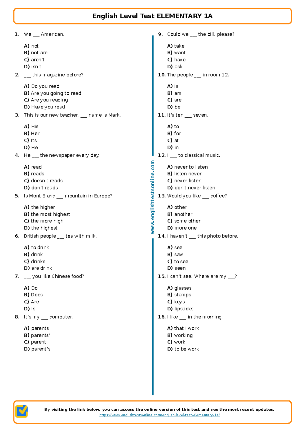 Elementary English Level Test Questions & Answers - Studocu