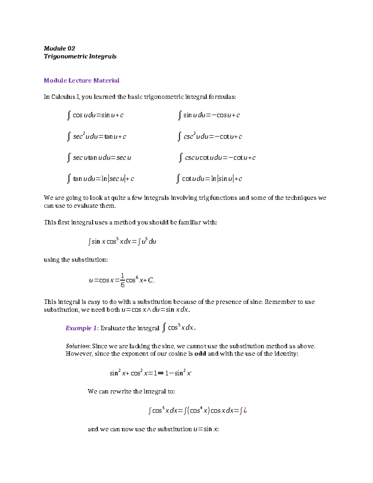 Module 02: Trigonometric Integrals Lecture Notes - Studocu