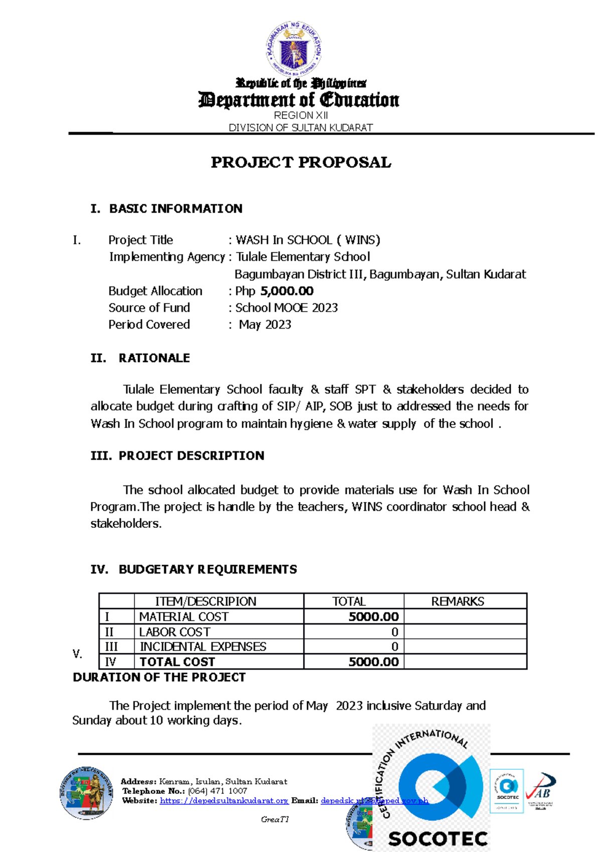 WASH In SCHOOL (WINS) Proposal & Program of Work - School Report - Studocu