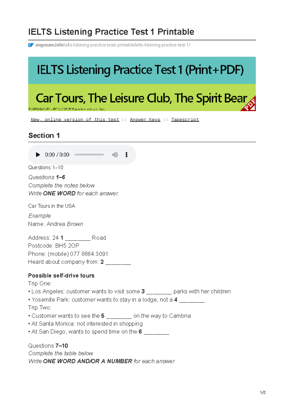 Engexam Info Ielts Listening Practice Test 1 Printable 1 Ielts