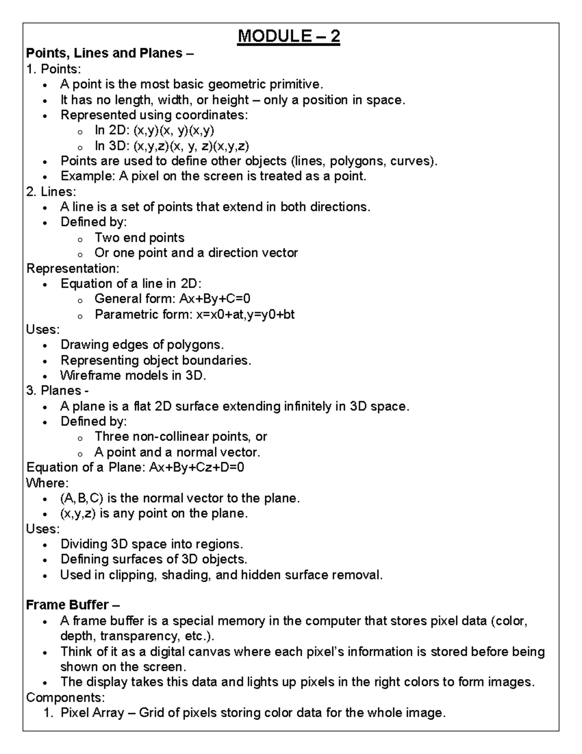 Module 2 (CG) - Points, Lines, Planes & Frame Buffer Concepts - Studocu