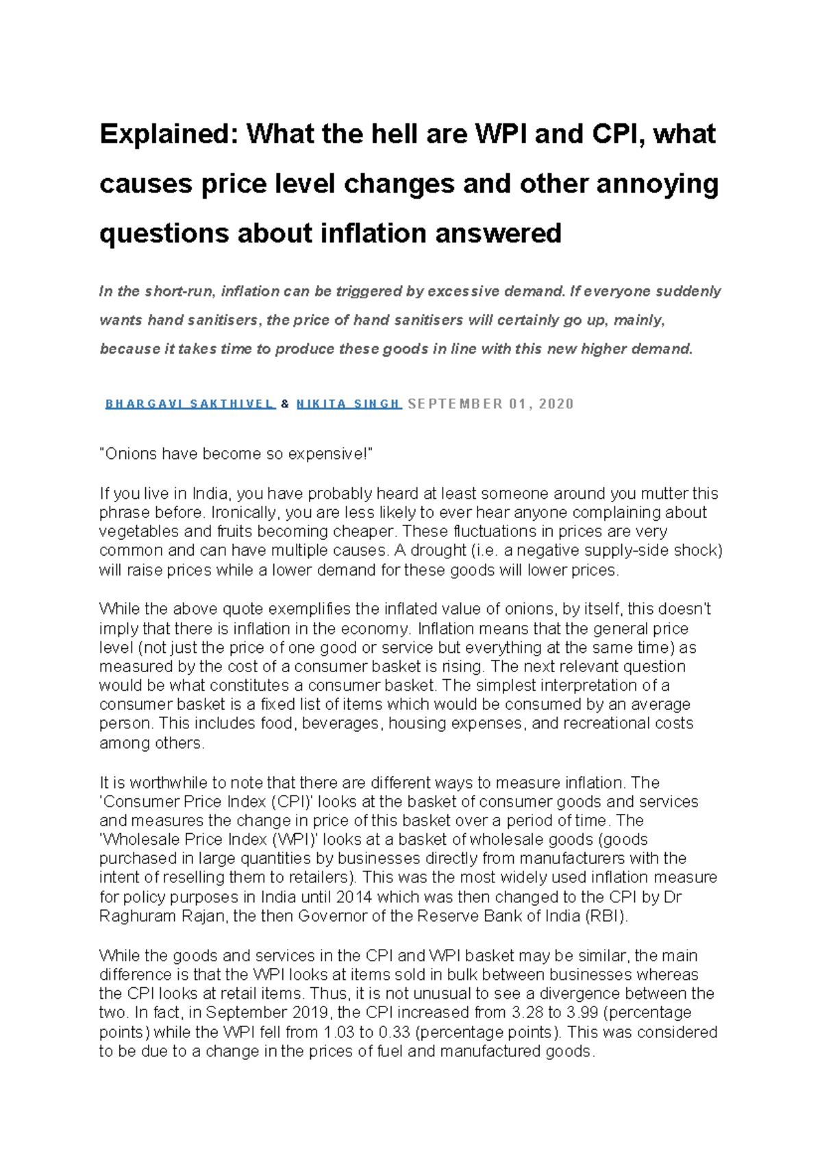 Explained - CPI. WPI What it means - Explained: What the hell are WPI ...