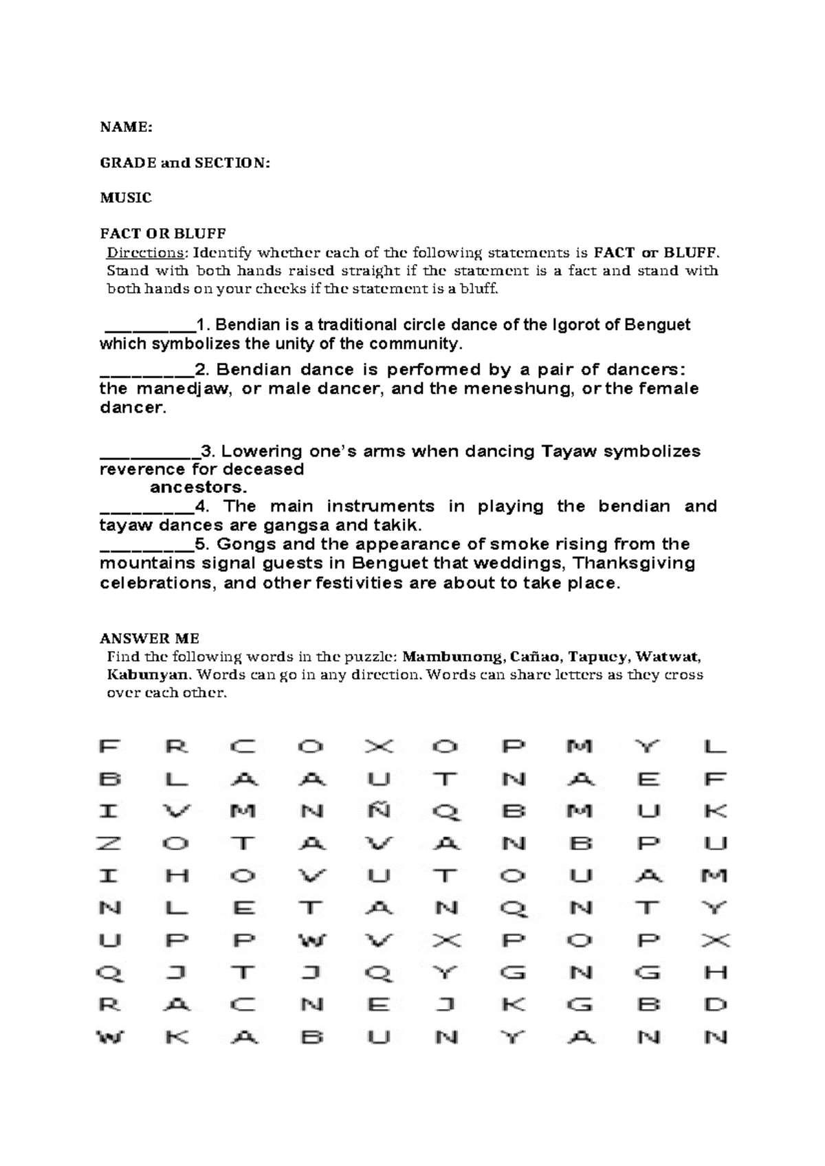 Music - MAPEH 4: Fact or Bluff Activity and Word Puzzle - Studocu