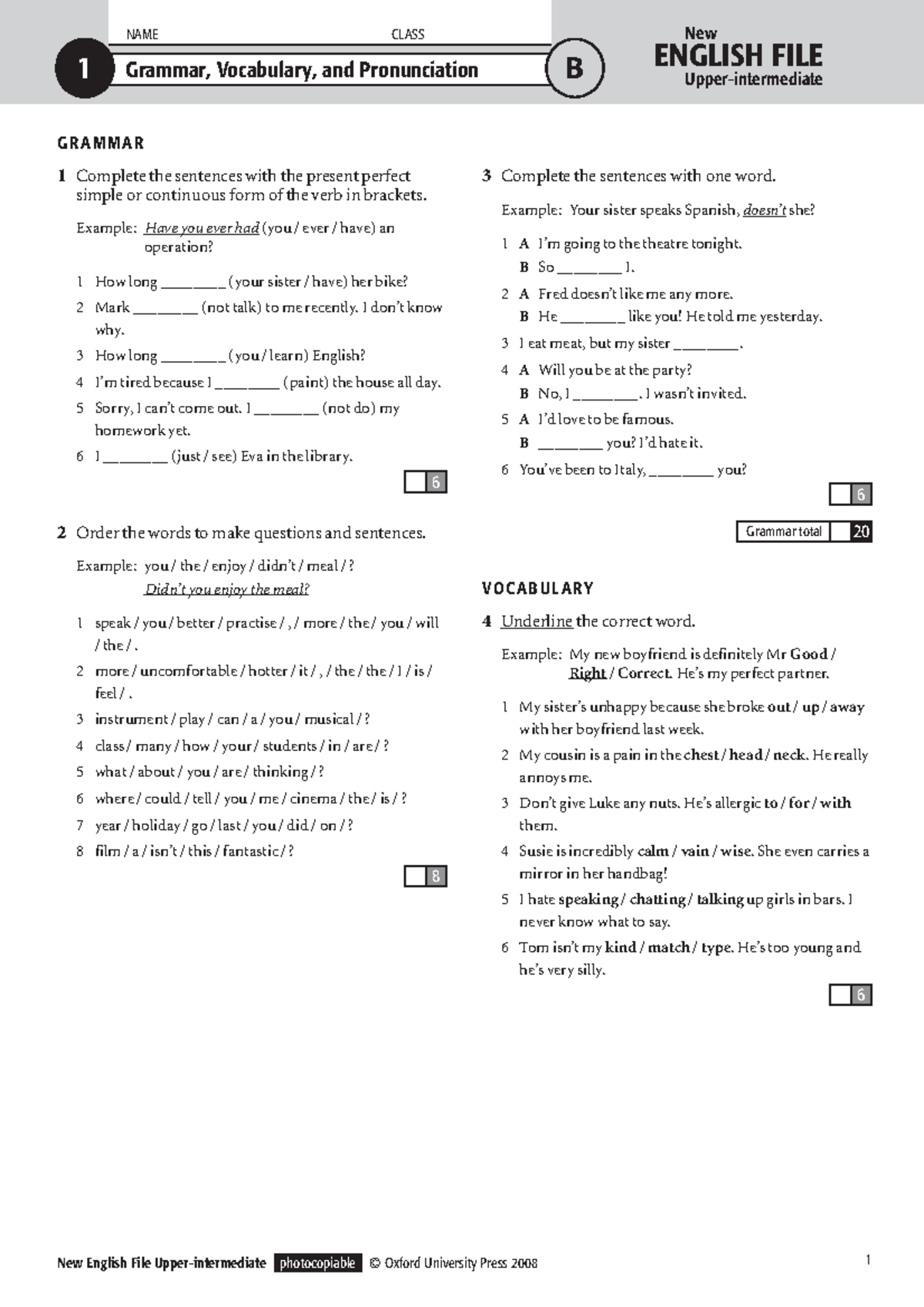 New English File Upper Intermediate B Grammar, Vocabulary, and ...