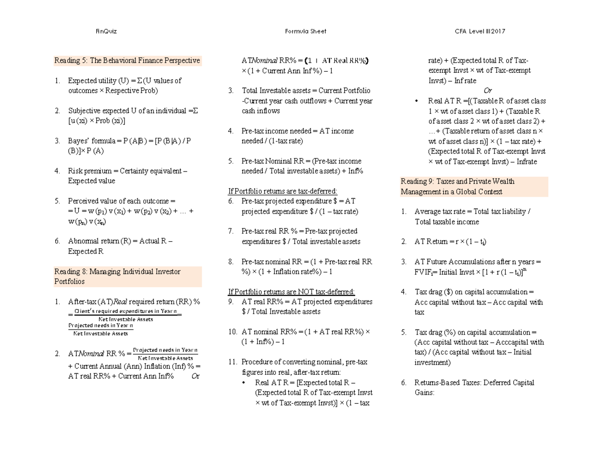 Fin Quiz - CFA Level 3 Formula Sheet - Reading 5: The Behavioral ...