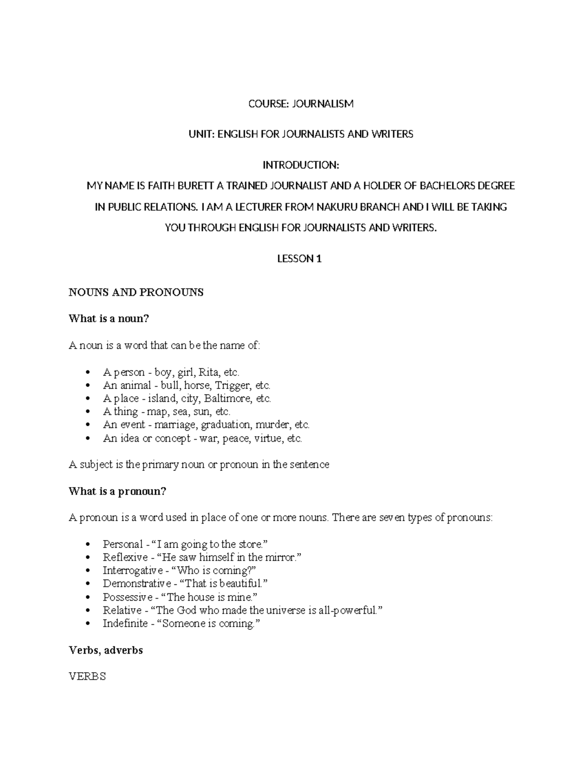 JOURNALISM 101: ENGLISH FOR JOURNALISTS - LESSON NOTES - Studocu