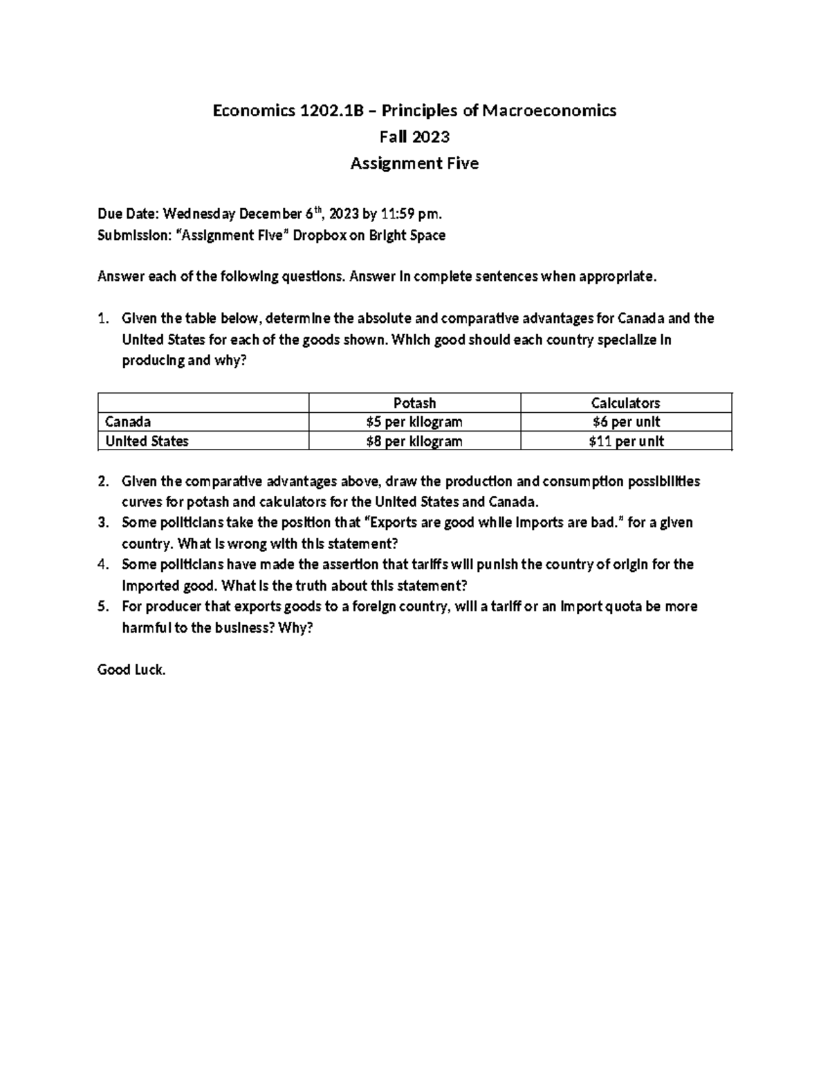 A5 - ECON 1202 - Principles of Macroeconomics Assignment Five 2023 ...