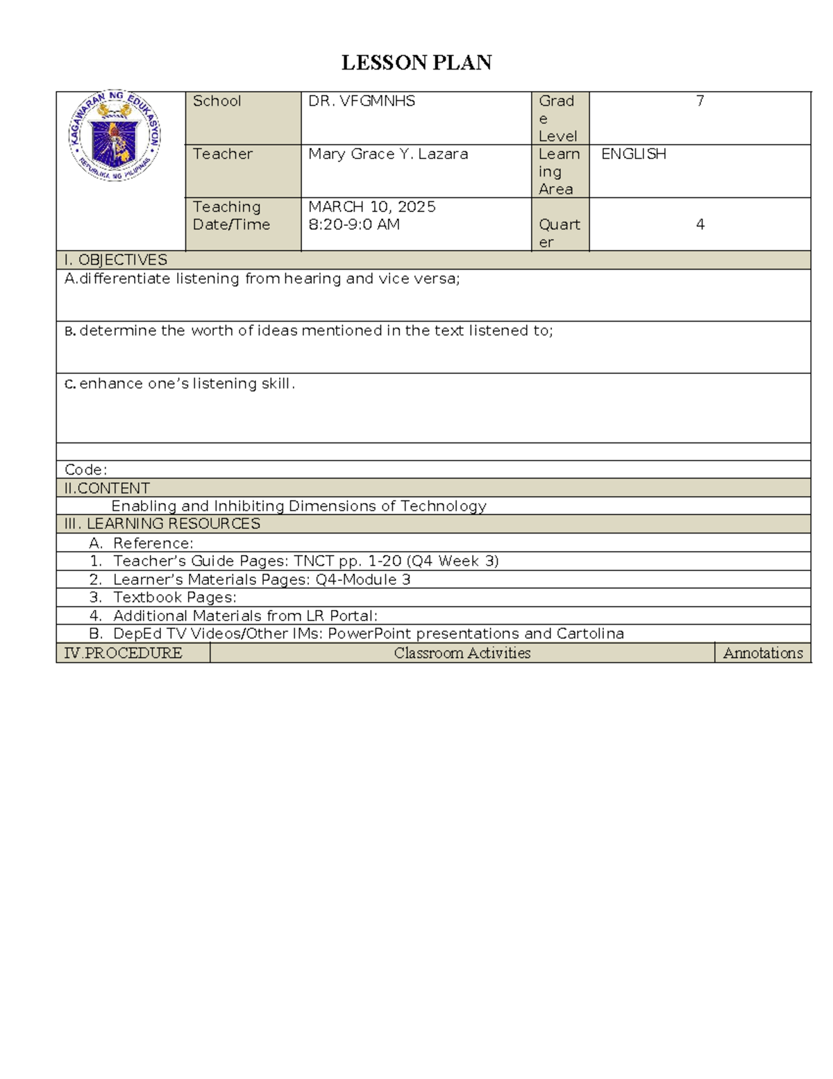 LESSON PLAN: Enhancing Listening Skills in Grade 7 English (Q4) - Studocu