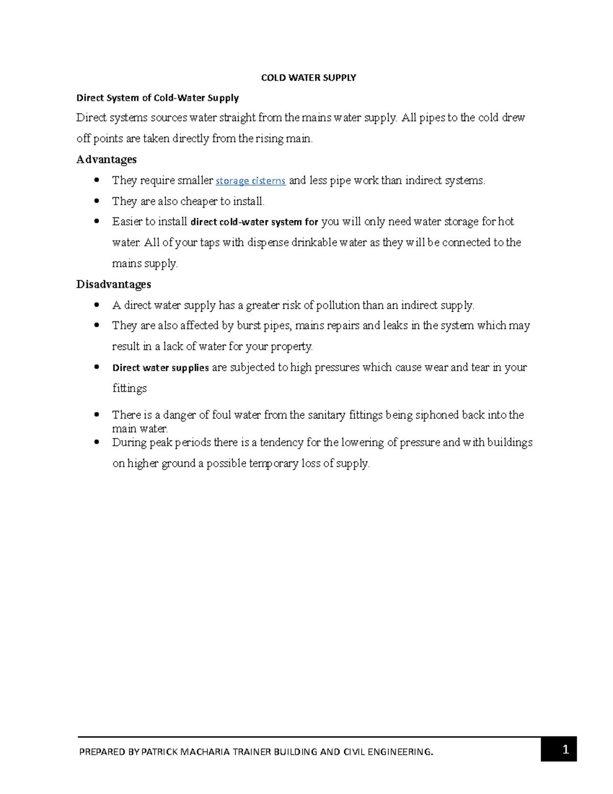 Water Supply Systems: Direct vs Indirect, COLD & HOT Overview - Studocu