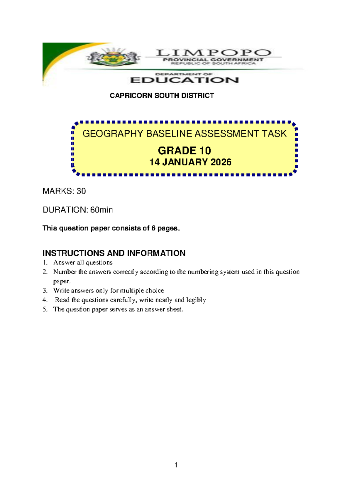 2026 GR10 Geography Baseline Assessment Task QP - Studocu