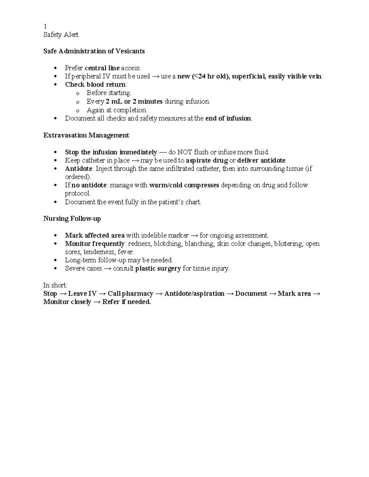 Safety Alert: Safe Administration of Vesicants in Med Surg - Studocu