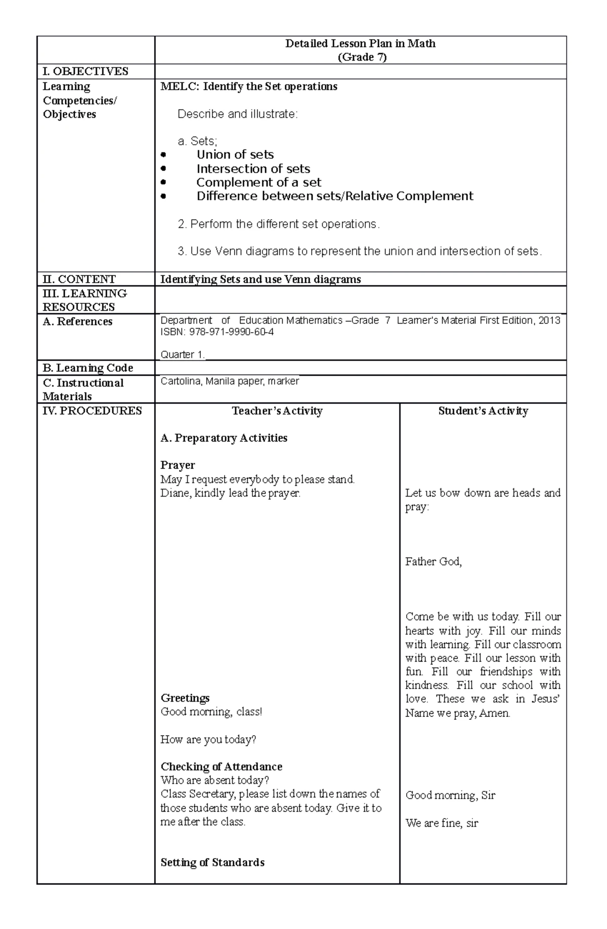 Grade 7 Lesson Plan Detailed Lesson Plan In Math Grade 7 I