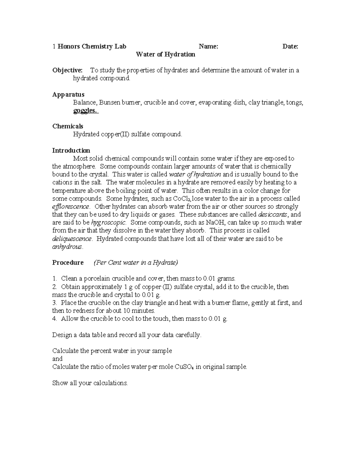 Water of Hydration Lab Report: Cu SO4 in Honors Chemistry - Studocu
