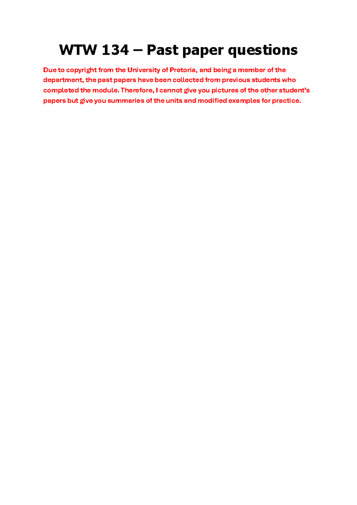 WTW 134 Exam Prep: Practice Questions & Past Paper Summaries - Studocu