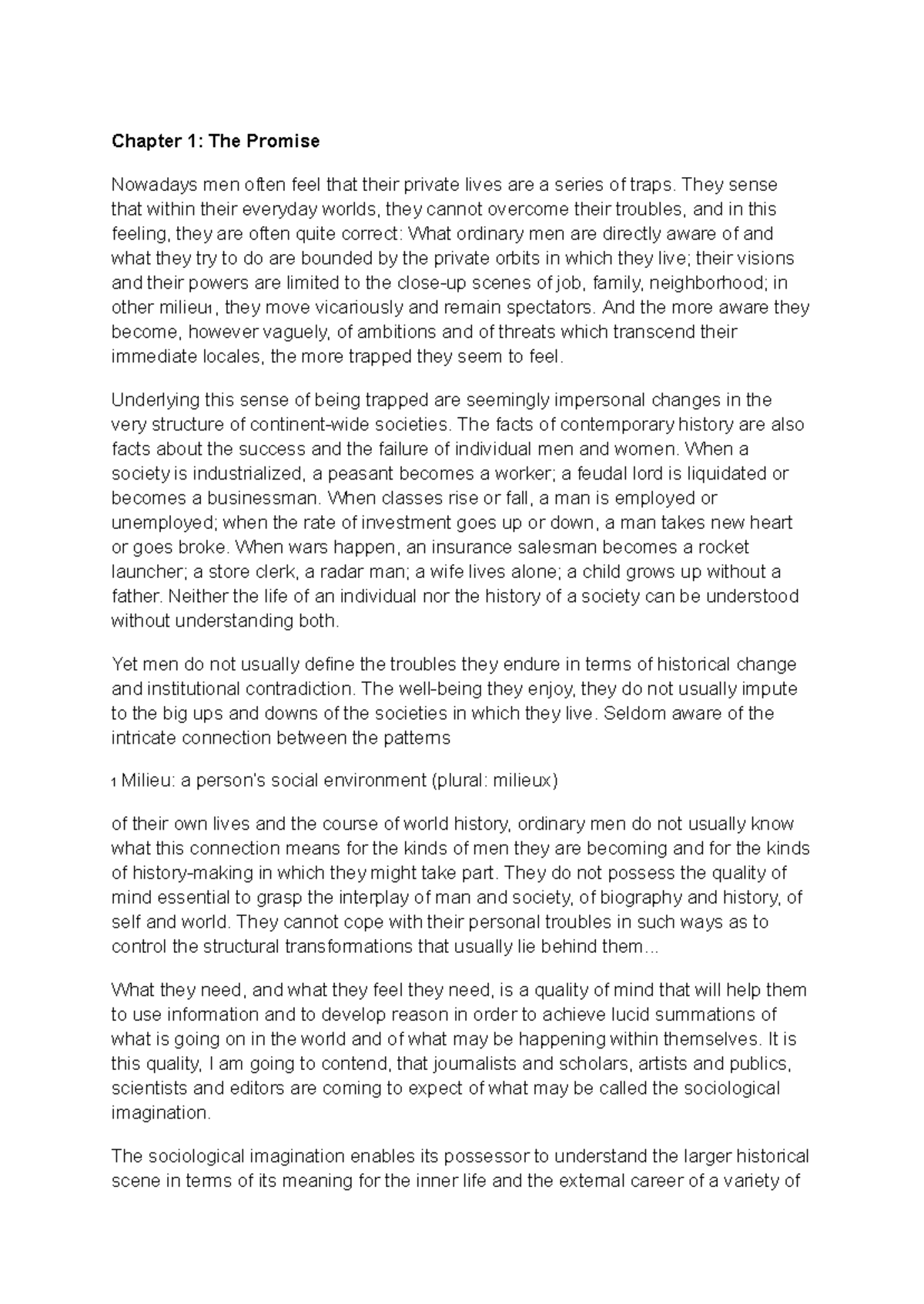 Chapter 1: The Sociological Imagination and Its Promise - Studocu
