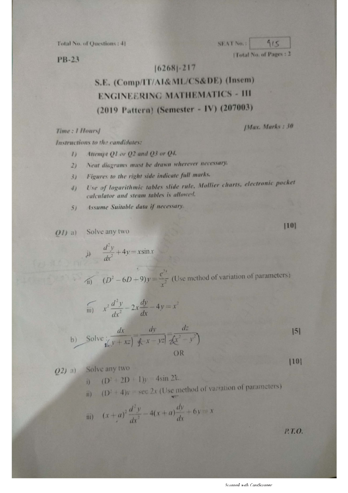 Insem Papers for S.E. (AI & ML) - Engineering Mathematics, Computer ...