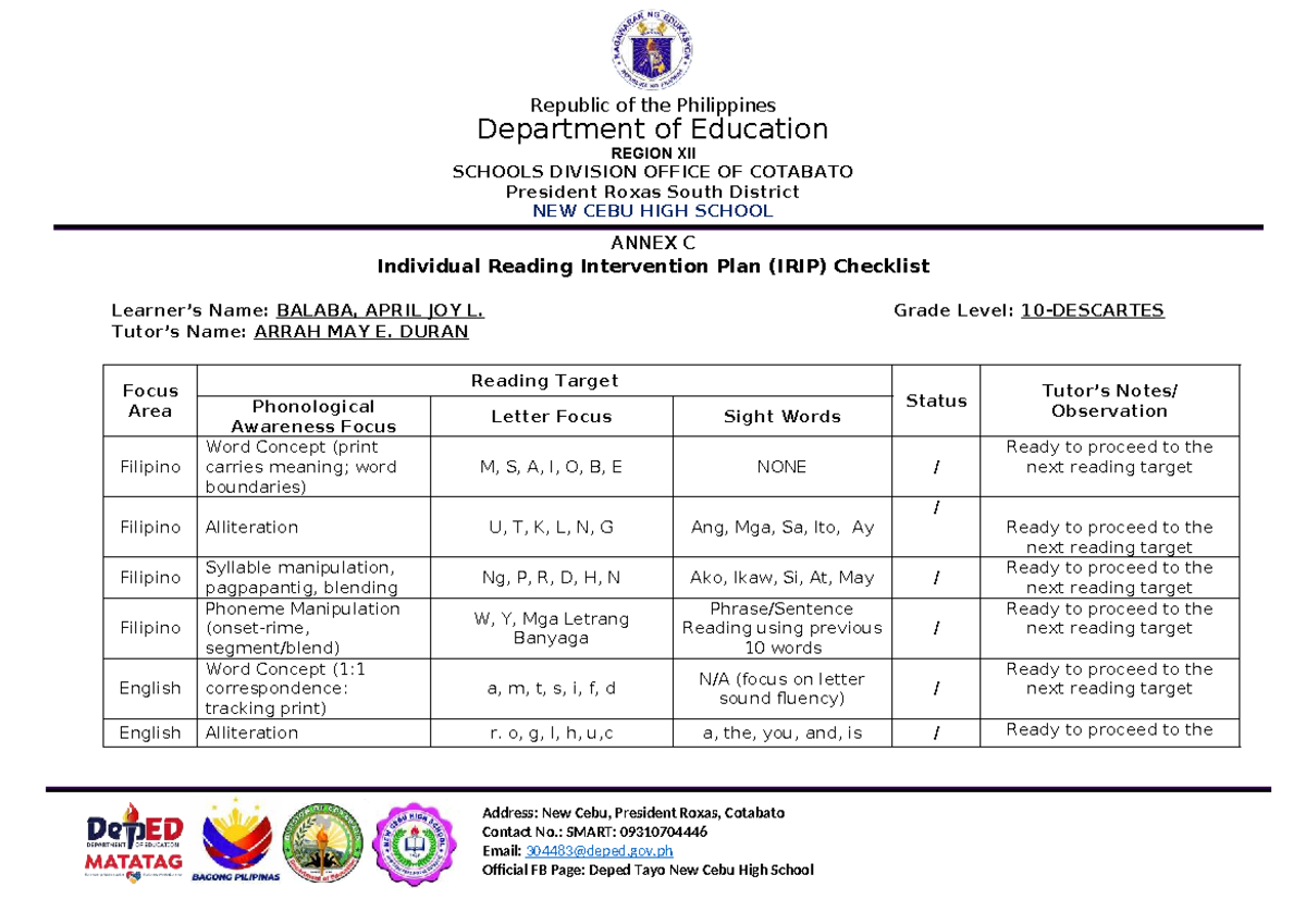 IRIP Final Assessment Checklist for New Cebu High School - Studocu