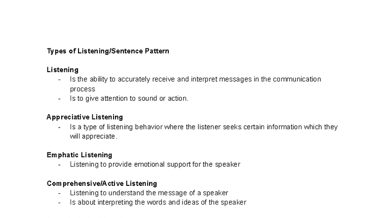 Types of Listening and Sentence Patterns in COLLEGE ENGLISH - Studocu