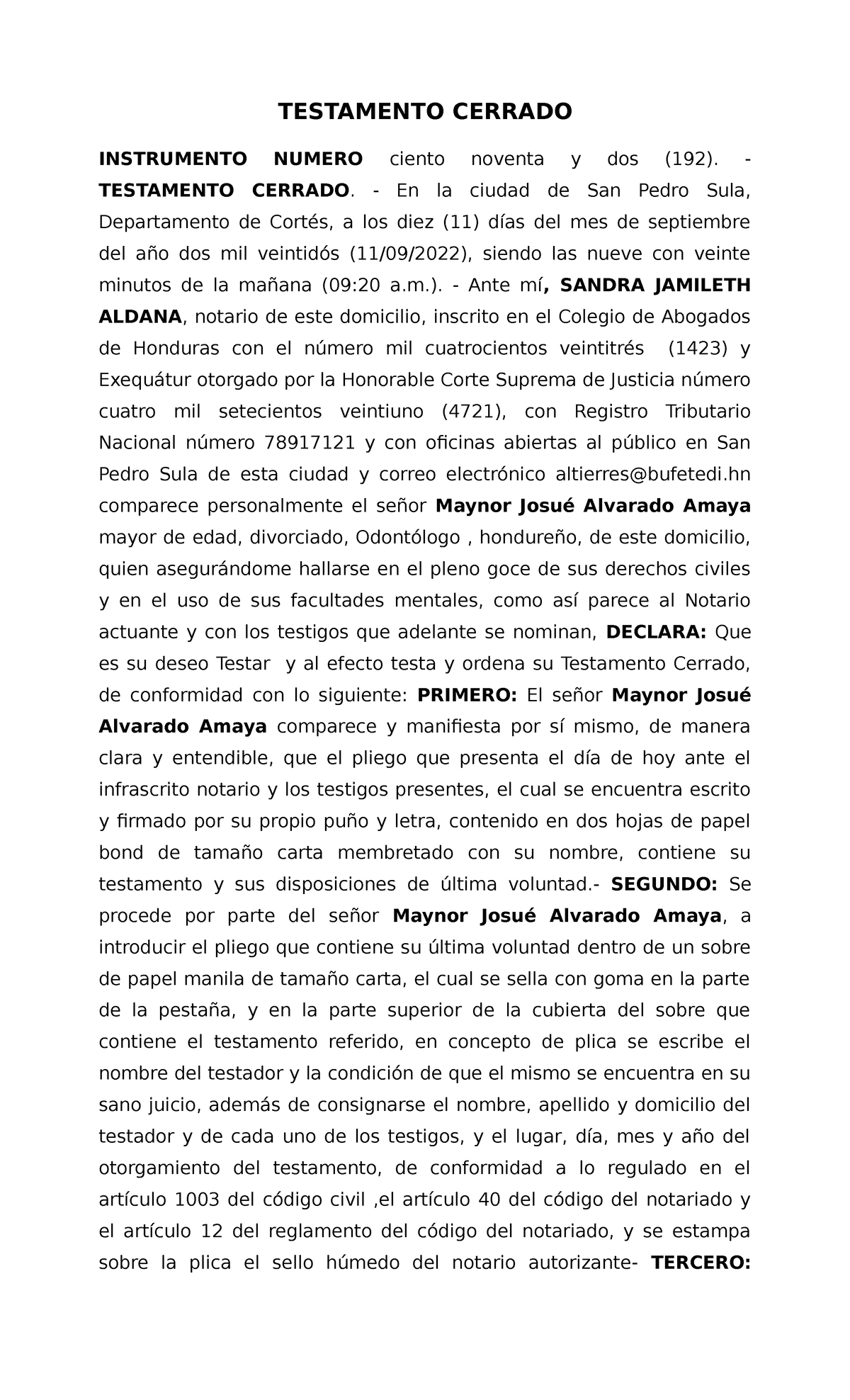 Formato de Testamento Cerrado - Testador: Maynor Alvarado Amaya - Studocu