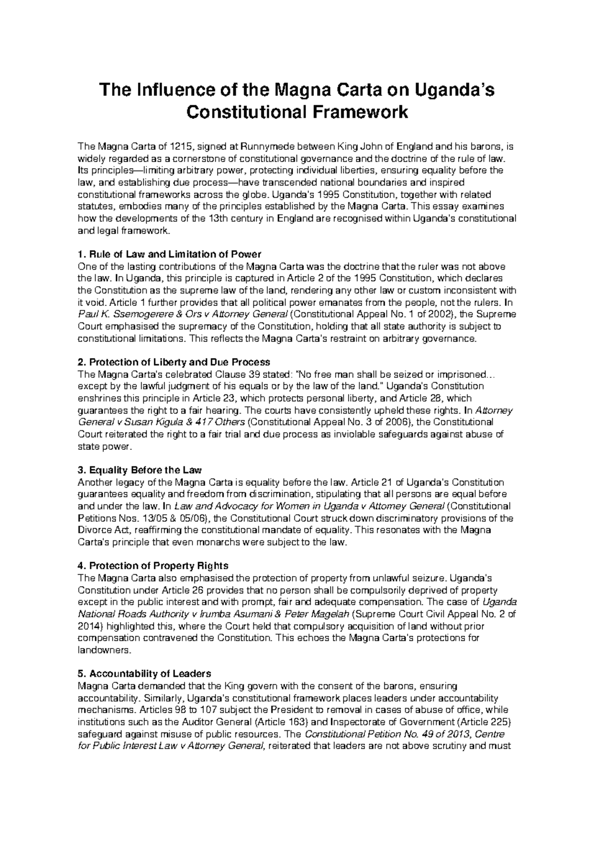 Magna Carta's Impact on Uganda's Constitutional Framework Essay - Studocu