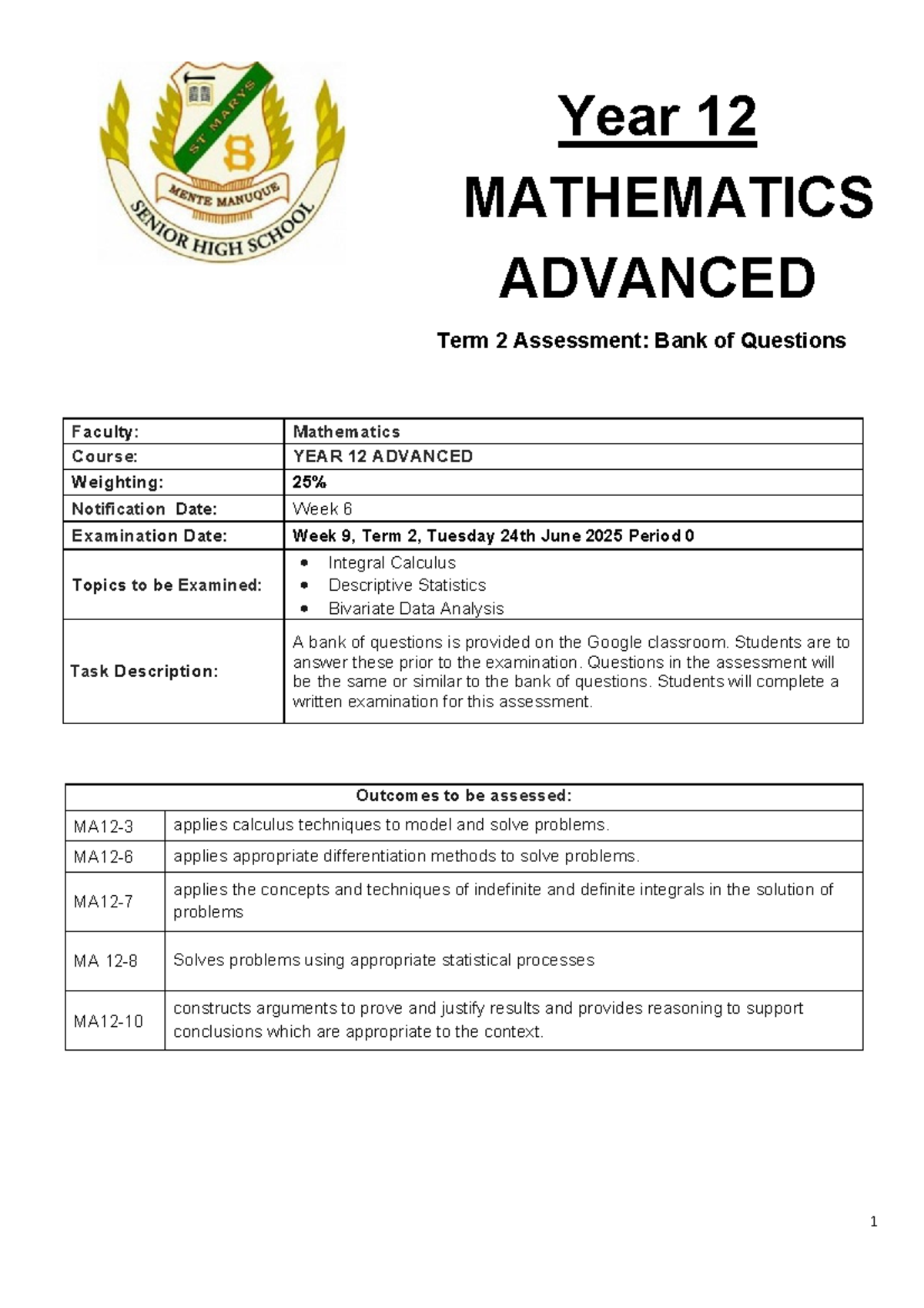 Year 12 Mathematics Advanced Term 2 Assessment: Bank of Questions - Studocu