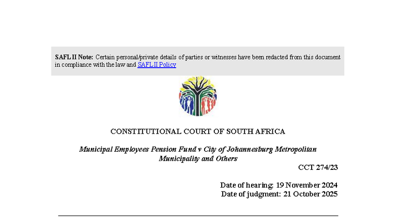 CCT Case Summary: Municipal Employees Pension Fund v City of Johannesburg - Studocu