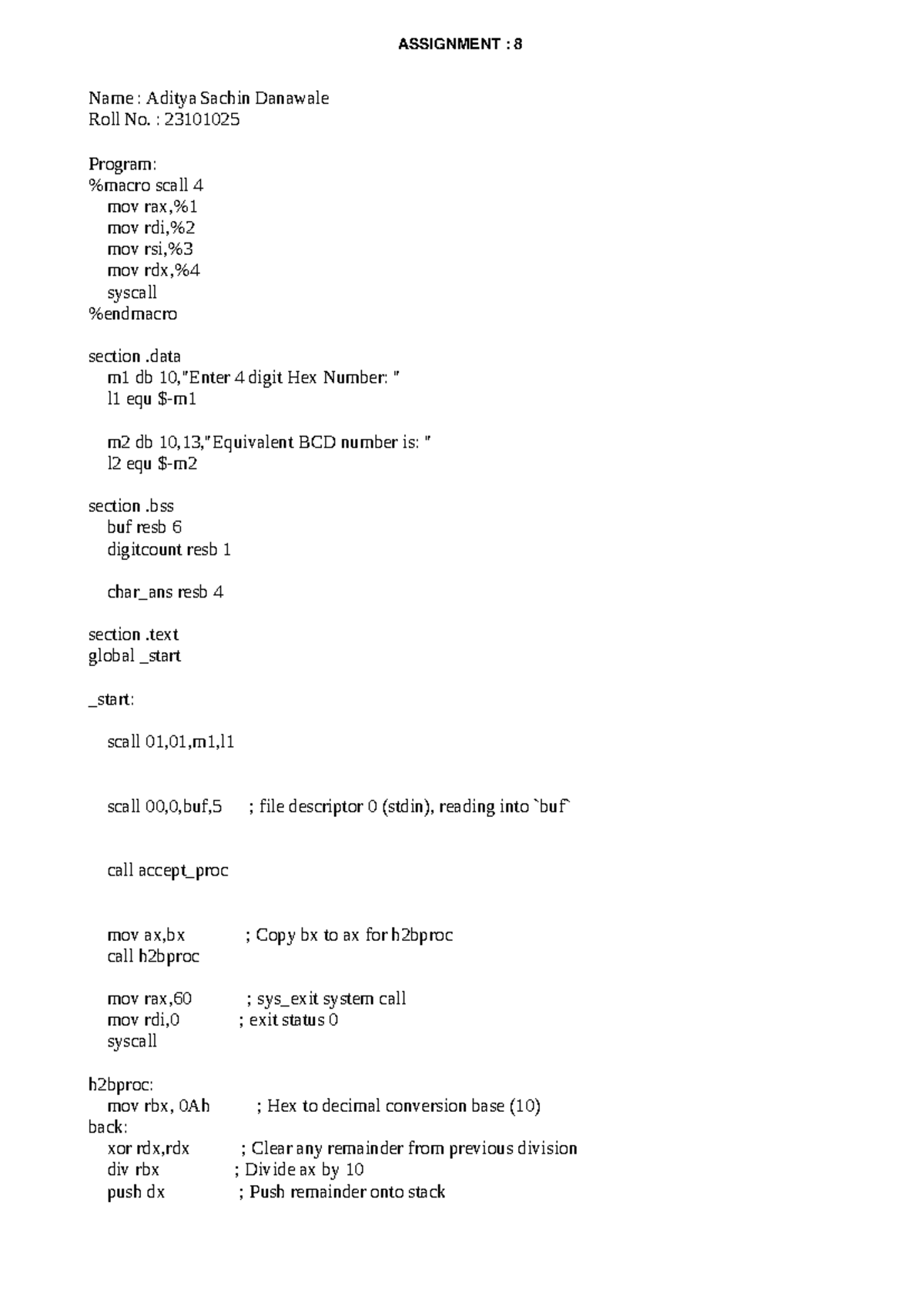 MP8 (3) - microprocessor practical 8 - Program: %macro scall 4 mov rax ...