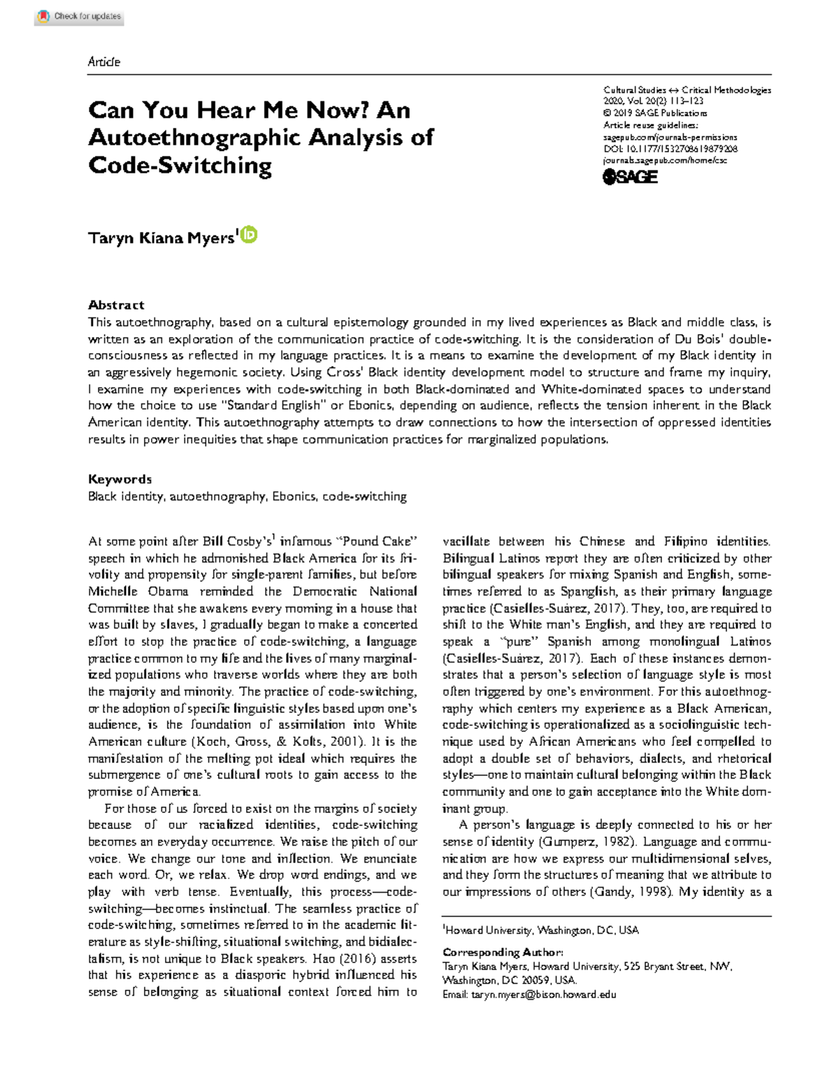 Autoethnographic Analysis of Code-Switching in Black Identity (CSC 2020 ...