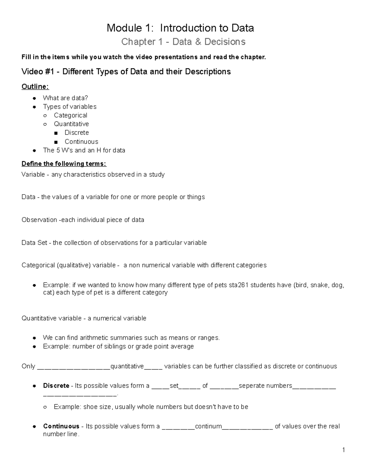 Module 1 Notes - Fall 2017 - Module 1: Introduction to Data Chapter 1 ...