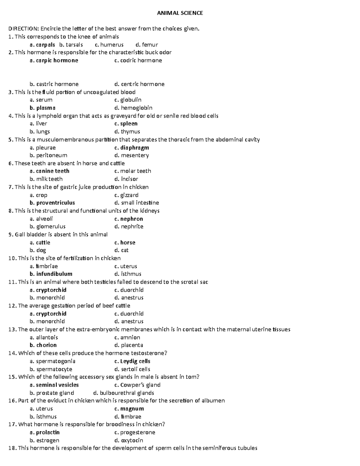 Animal Science (Final Exam) - Comprehensive Quiz Answers - Studocu