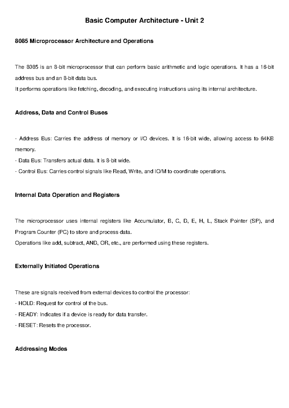 Basic Computer Architecture Unit 2: 8085 Microprocessor Overview - Studocu