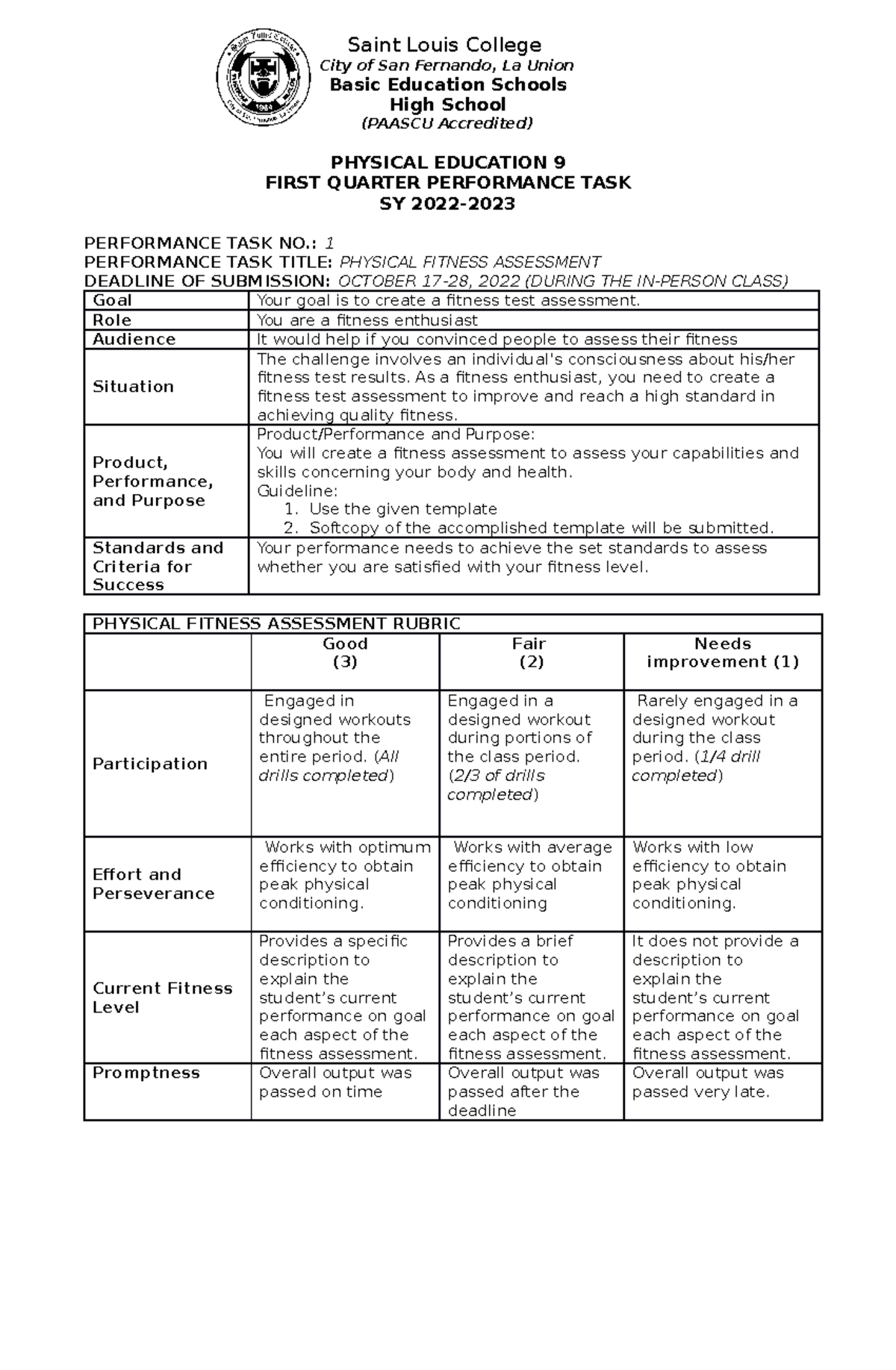 2022 Physical Education 9 First Quarter Performance TASK - Saint Louis ...