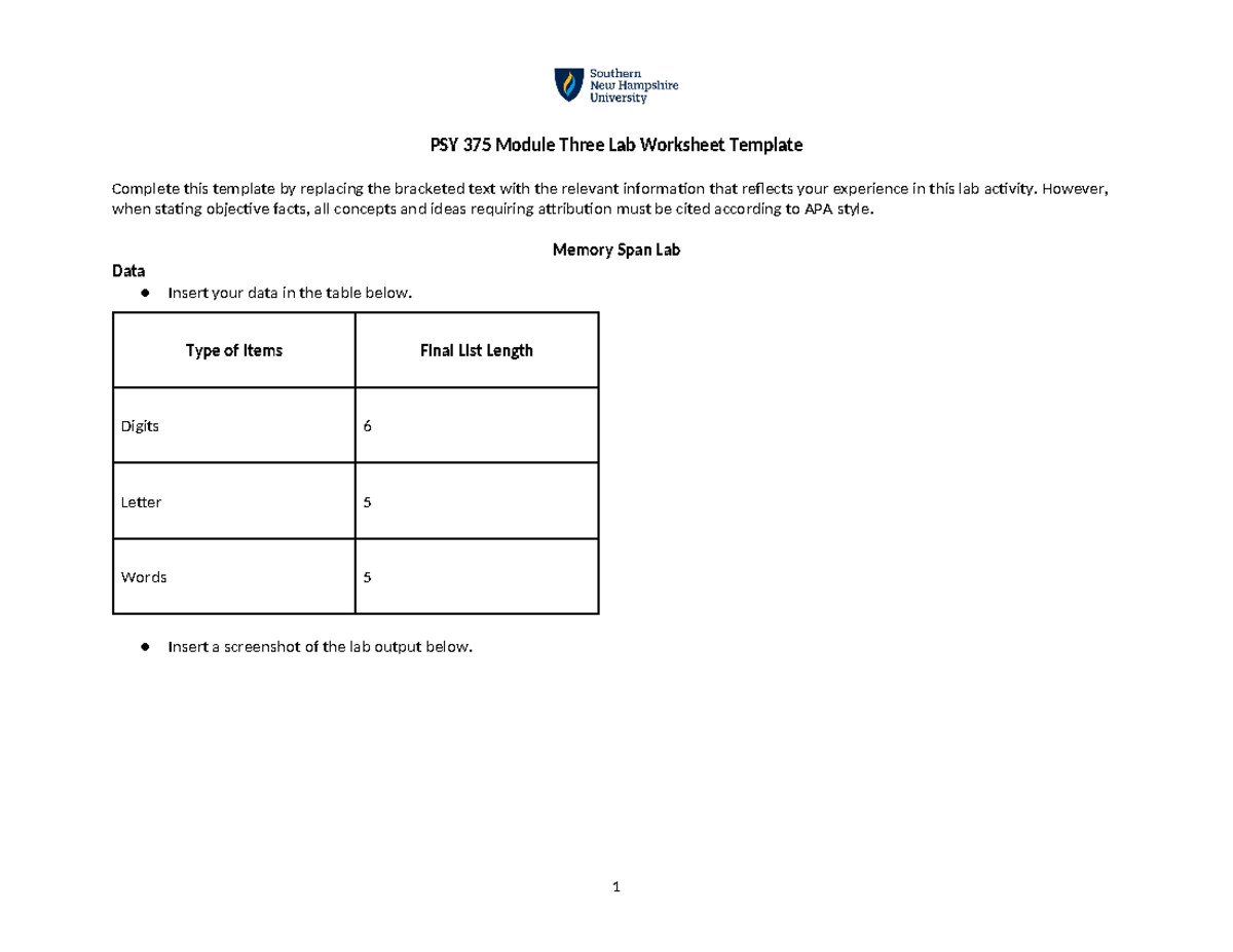 PSY 375 Memory Span and Mental Rotation Lab Worksheet Analysis - Studocu