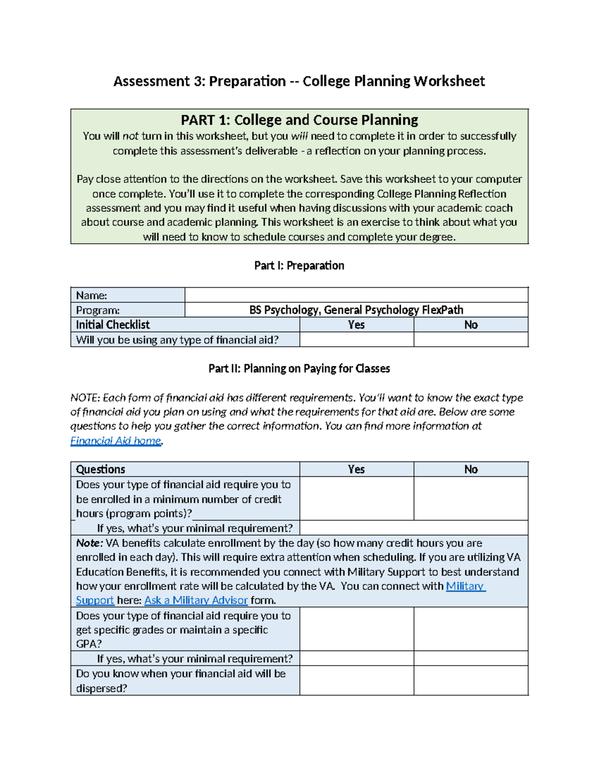 Assessment 3: College Planning Worksheet for BS Psychology - Studocu