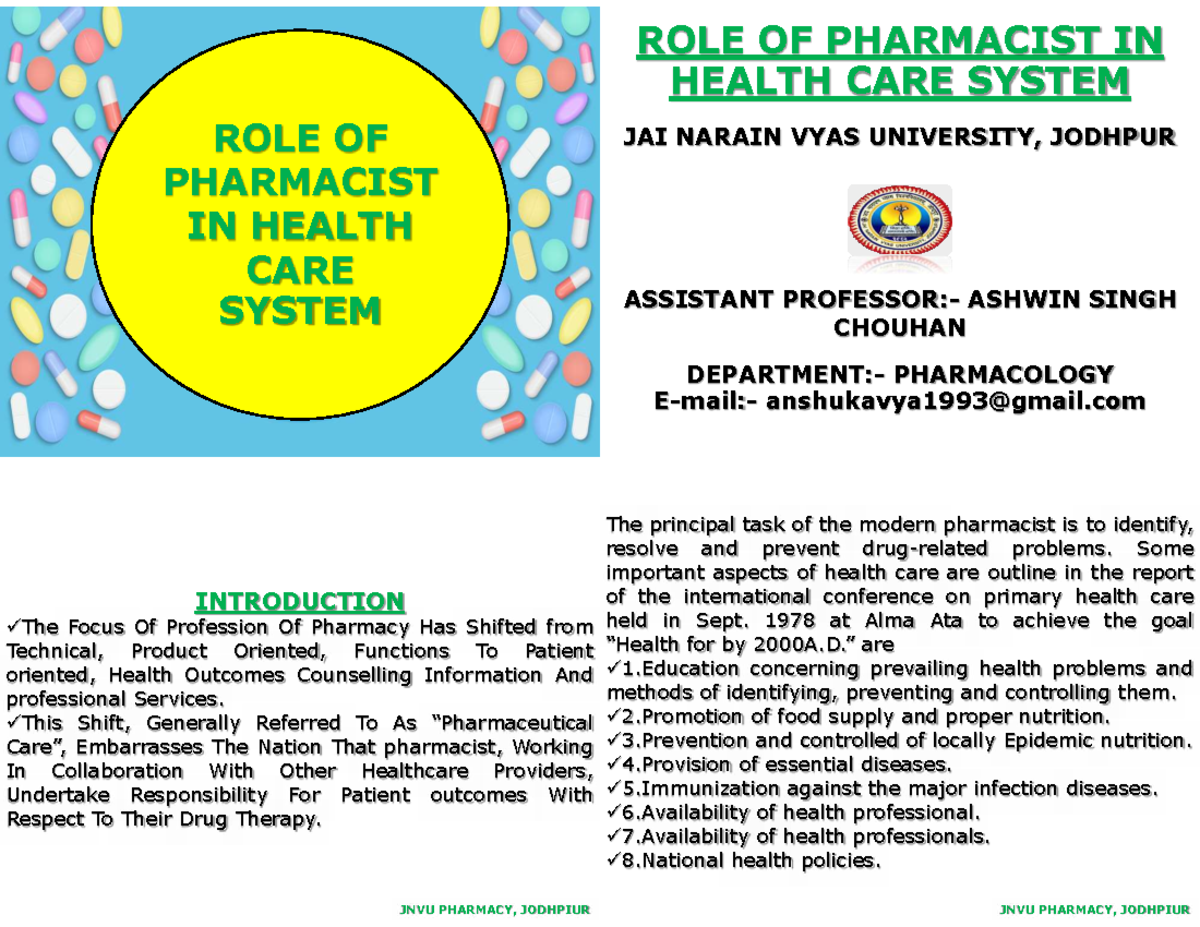Intro to Health: Roles of Pharmacist in Healthcare System (JNVU) - Studocu