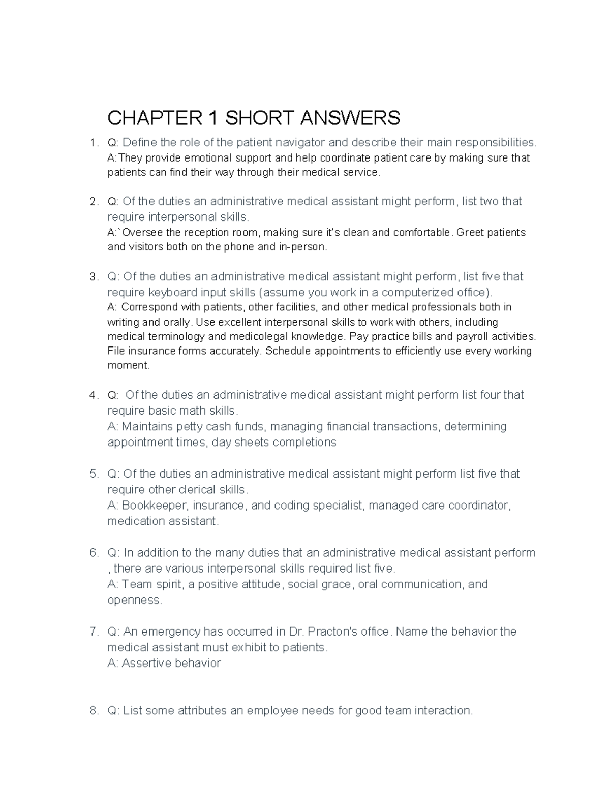 Chapter 1 Short Answer Responses for Med Assisting Skills - Studocu