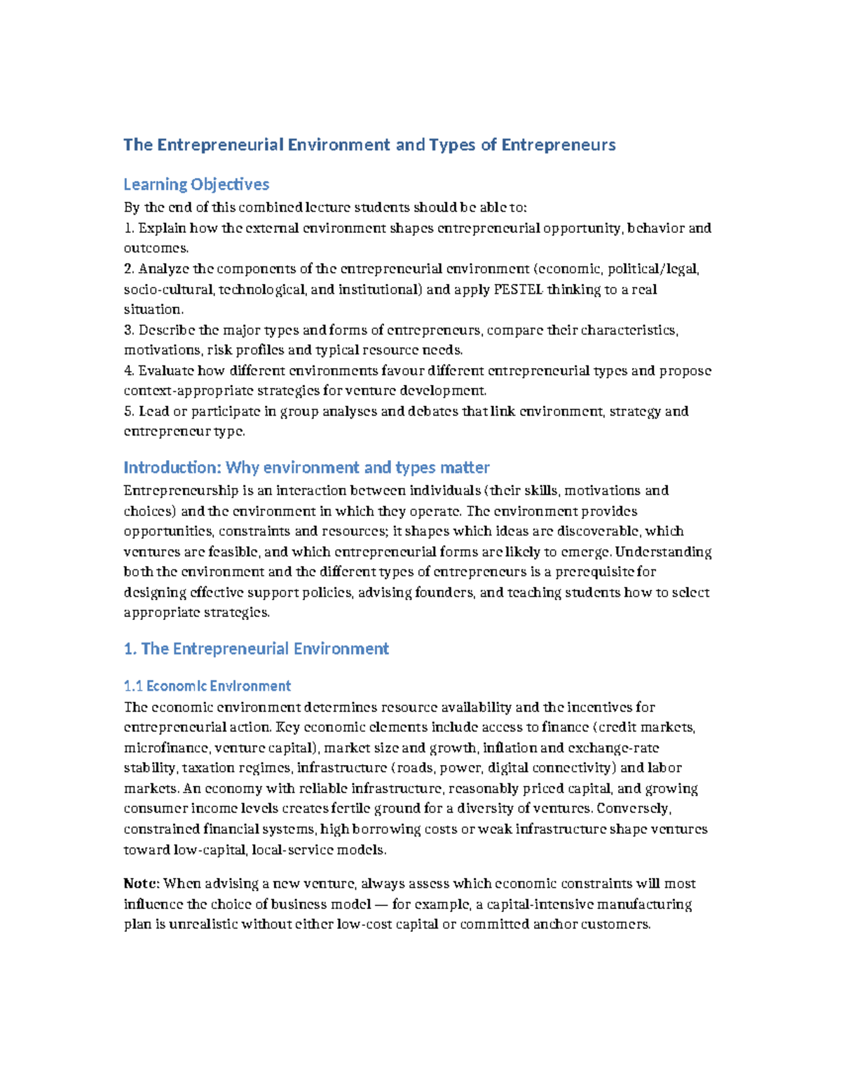 Week 3 & 4 Combined Lecture Notes: Entrepreneurial Environment & Types ...