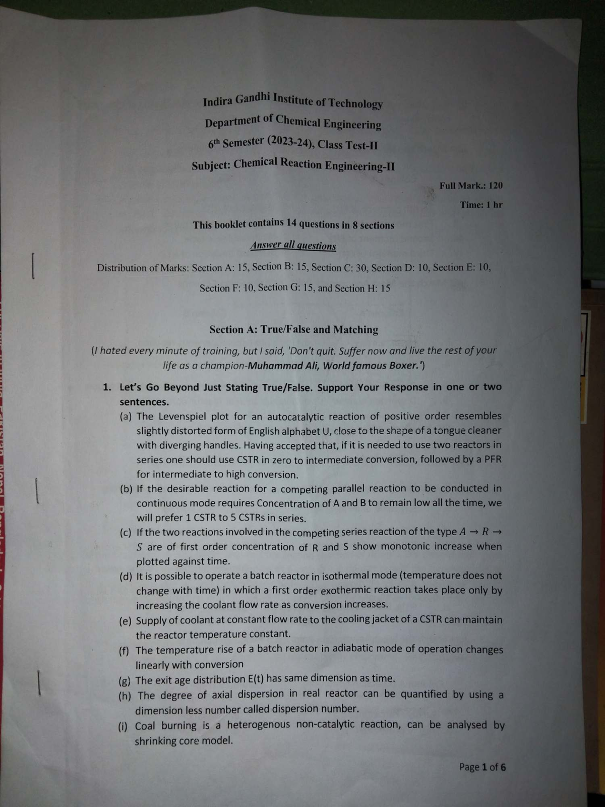 Sample Question Paper for Chemical Reaction Engineering (CRE) - 6th Sem ...
