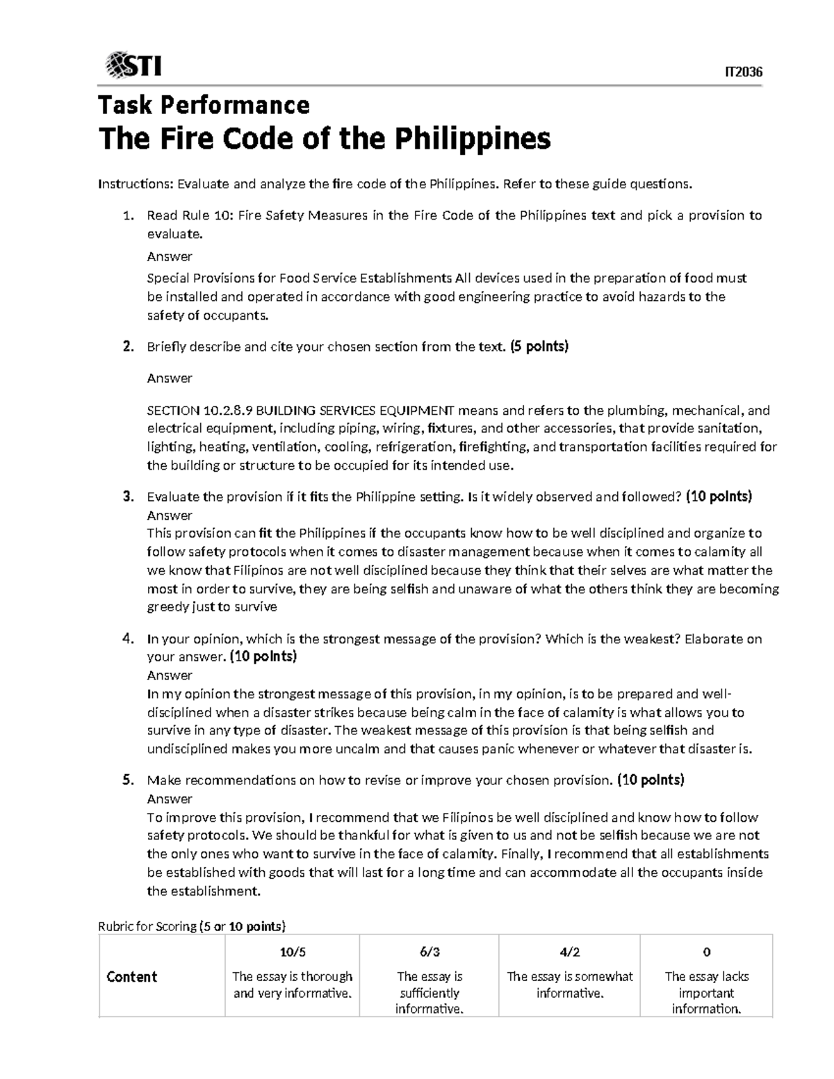 BOHS Hernandez 05 Task Performance 1 - ARG - IT Task Performance The Fire Code of the ...