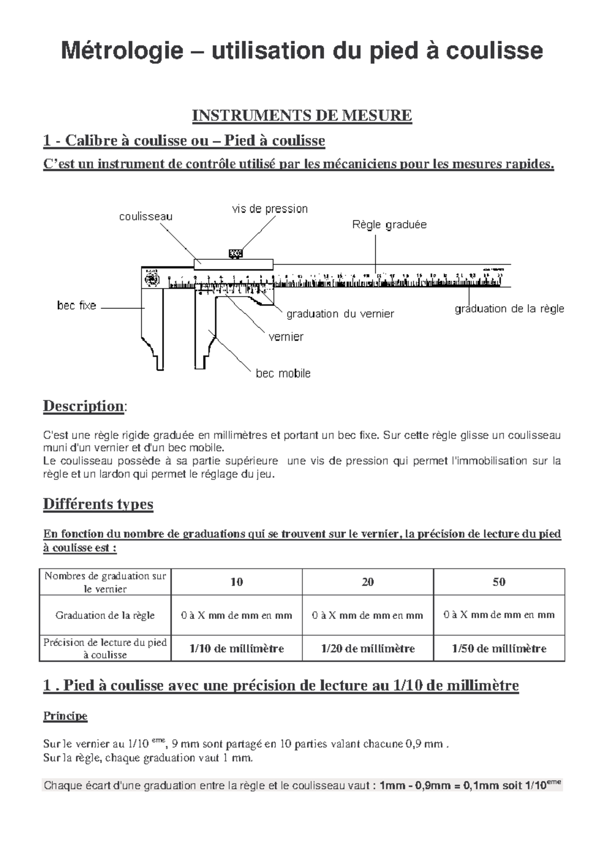 Métrologie : Utilisation du Pied à Coulisse - INSTRUMENTS DE MESURE 1 ...